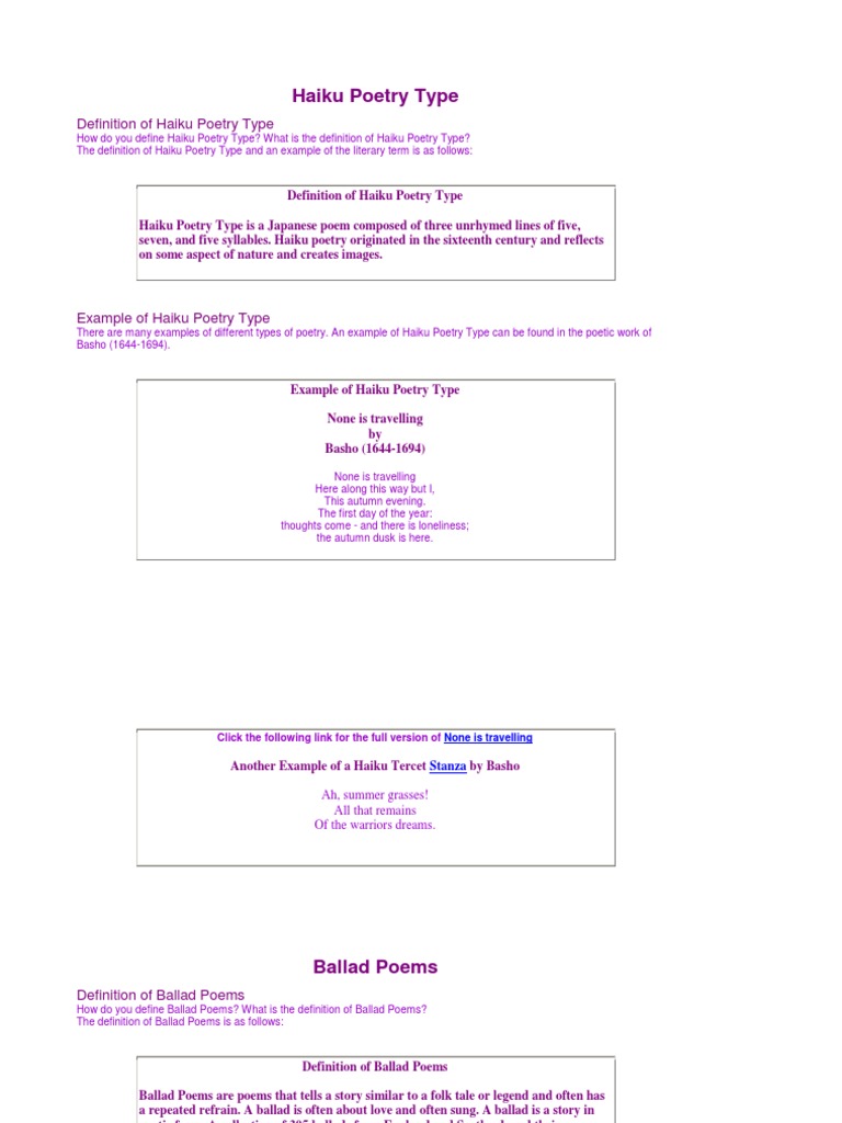 Haiku Poetry Type | PDF | Limerick (Poetry) | Ballad