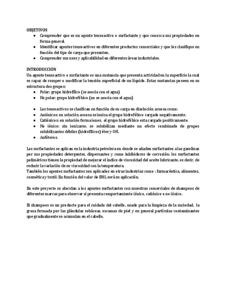 Agentes Tensoactivos: Clasificación y Usos | PDF | Tensioactivo ...