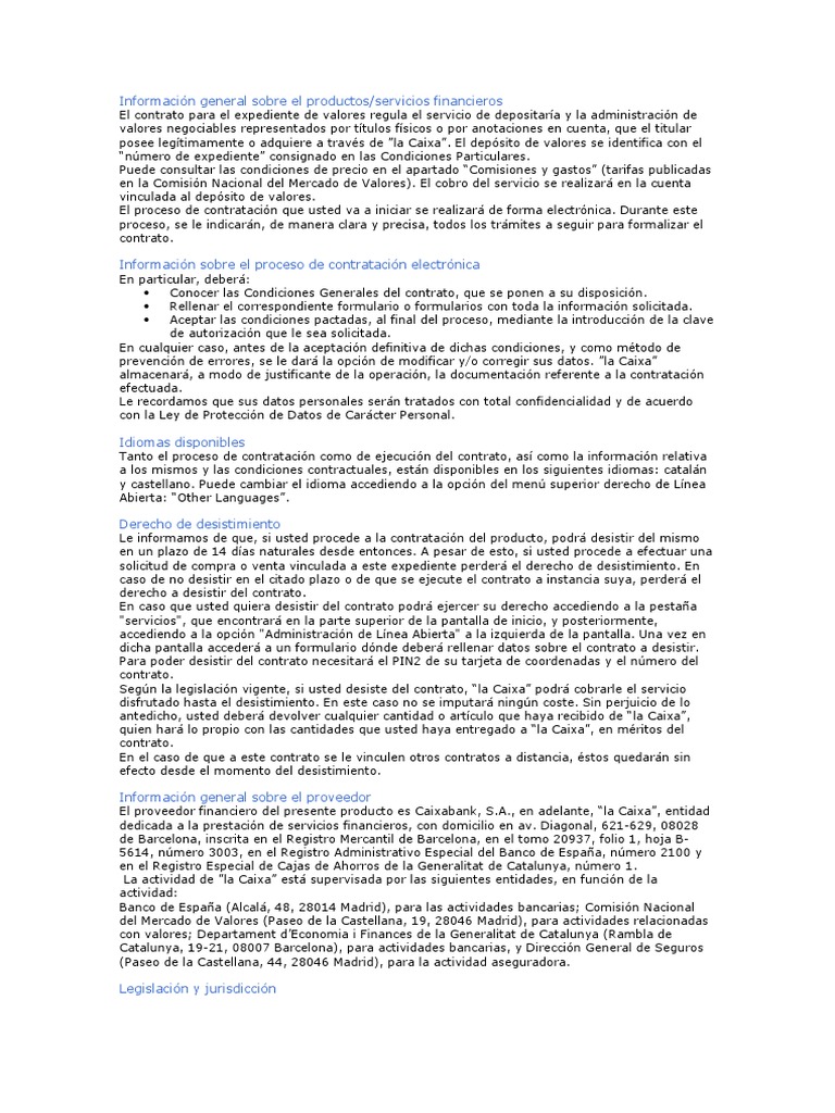 Expediente Valores LaCaixa Contrato | PDF | Bancos | Economias