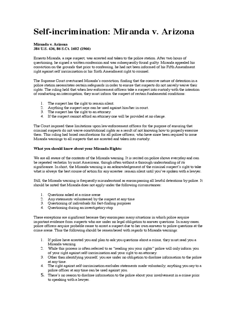 Miranda Rights, | Miranda Warning | Self Incrimination