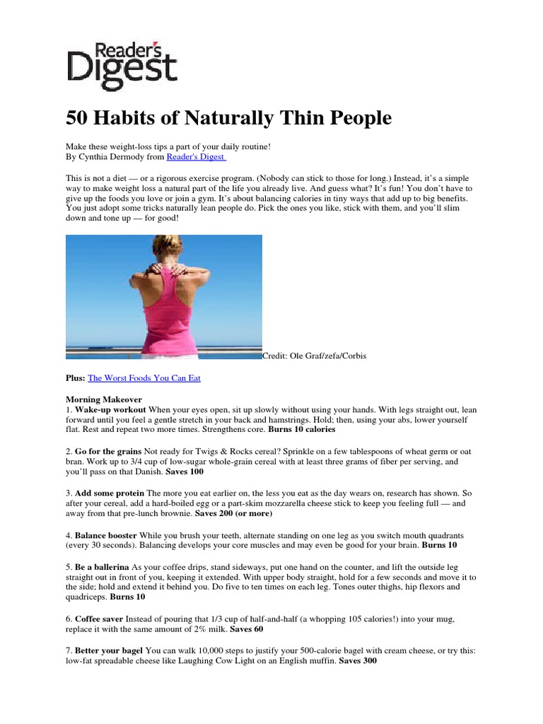Reader's Digest - 50 Habits of Naturally Thin People | PDF | Weight ...