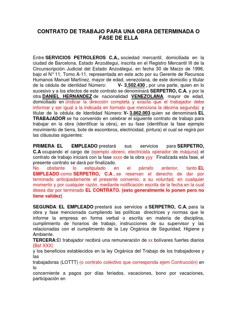 Contrato de Trabajo para Una Obra Determinada o Fase de Ella | PDF | Beneficio (economía ...