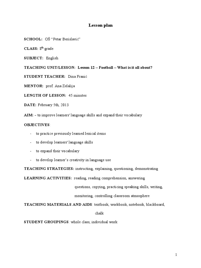 Football Lesson Plan | PDF | Teaching | Pedagogy