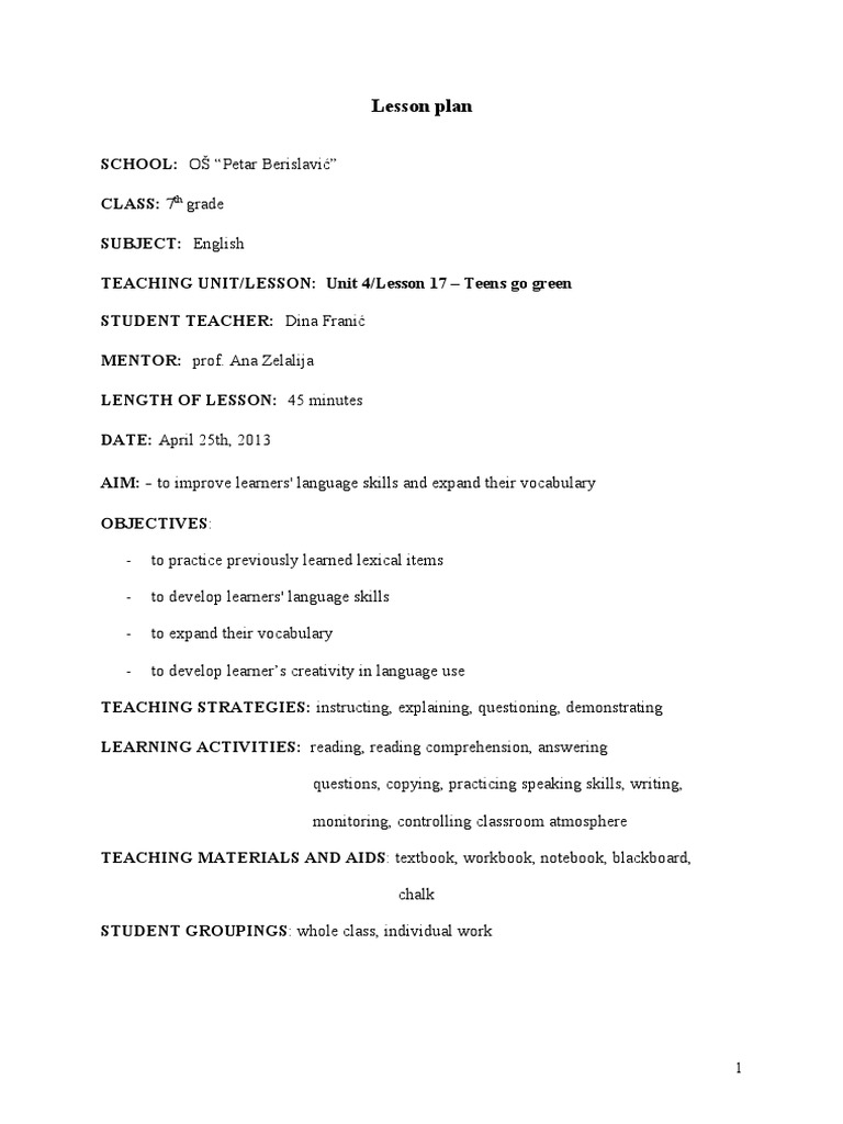 Teens Go Green Lesson Plan | Download Free PDF | Teaching | Pedagogy