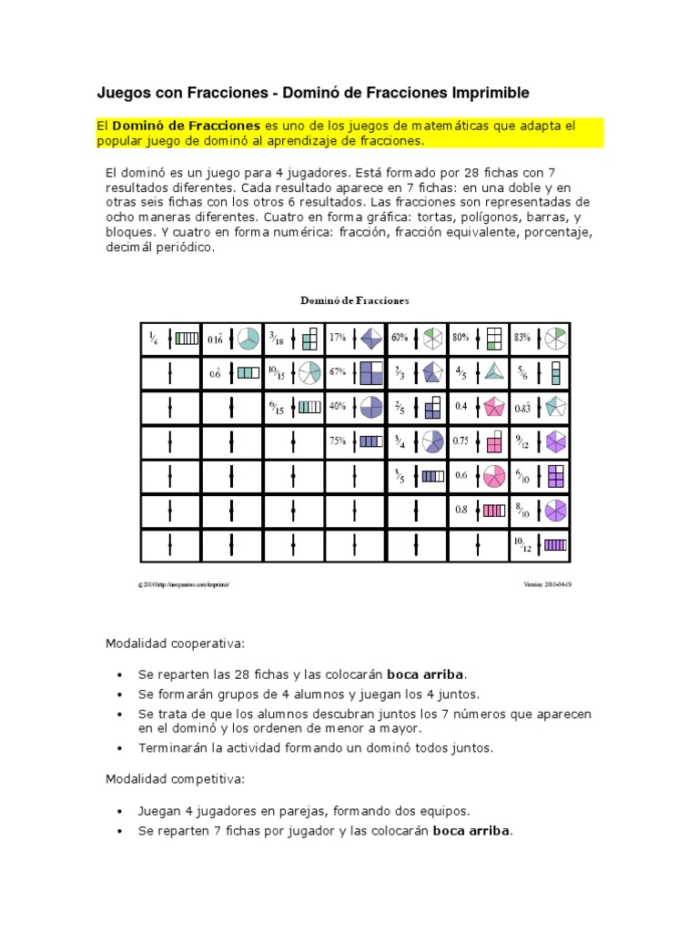 Juegos Con Fracciones | PDF | Jugando a las cartas | Dispositivos de juego