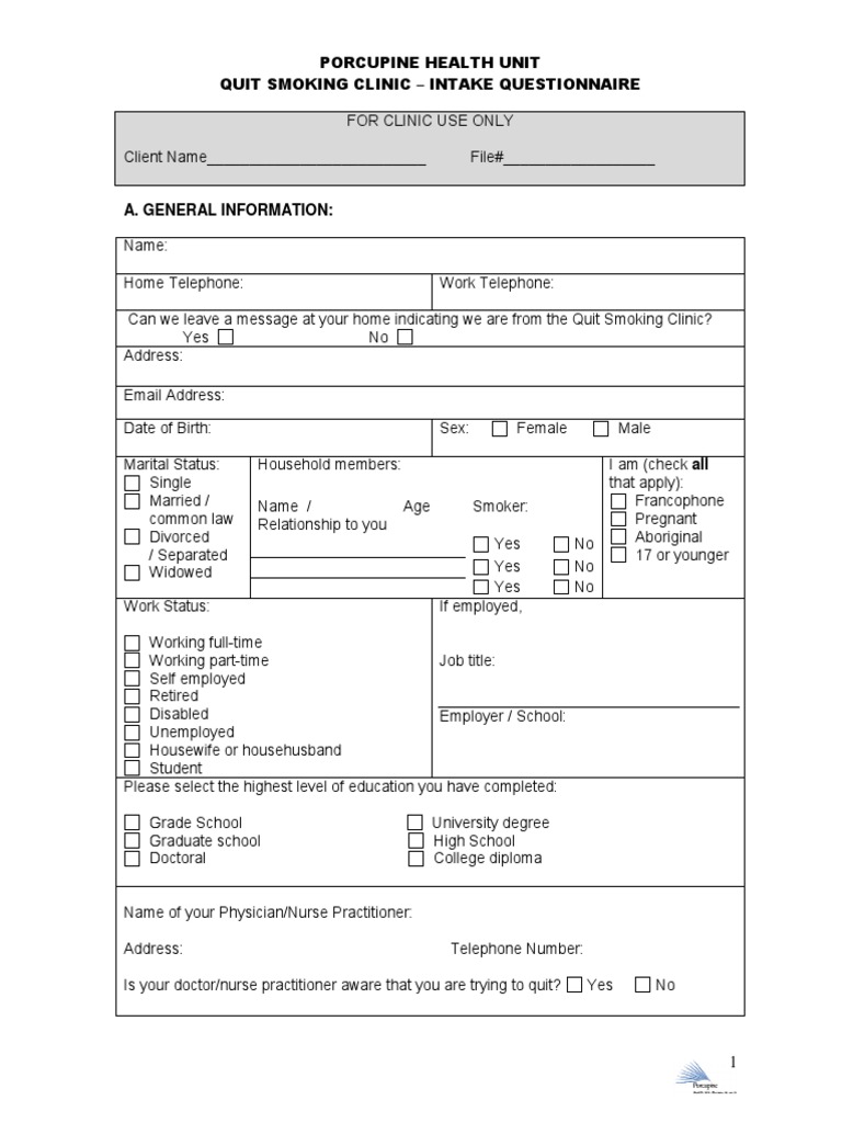 Quit Smoking Clinic Intake Form | PDF | Smoking Cessation | Smoking