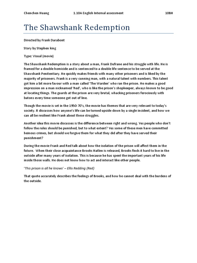 The Shawshank Redemption Reading Response | PDF