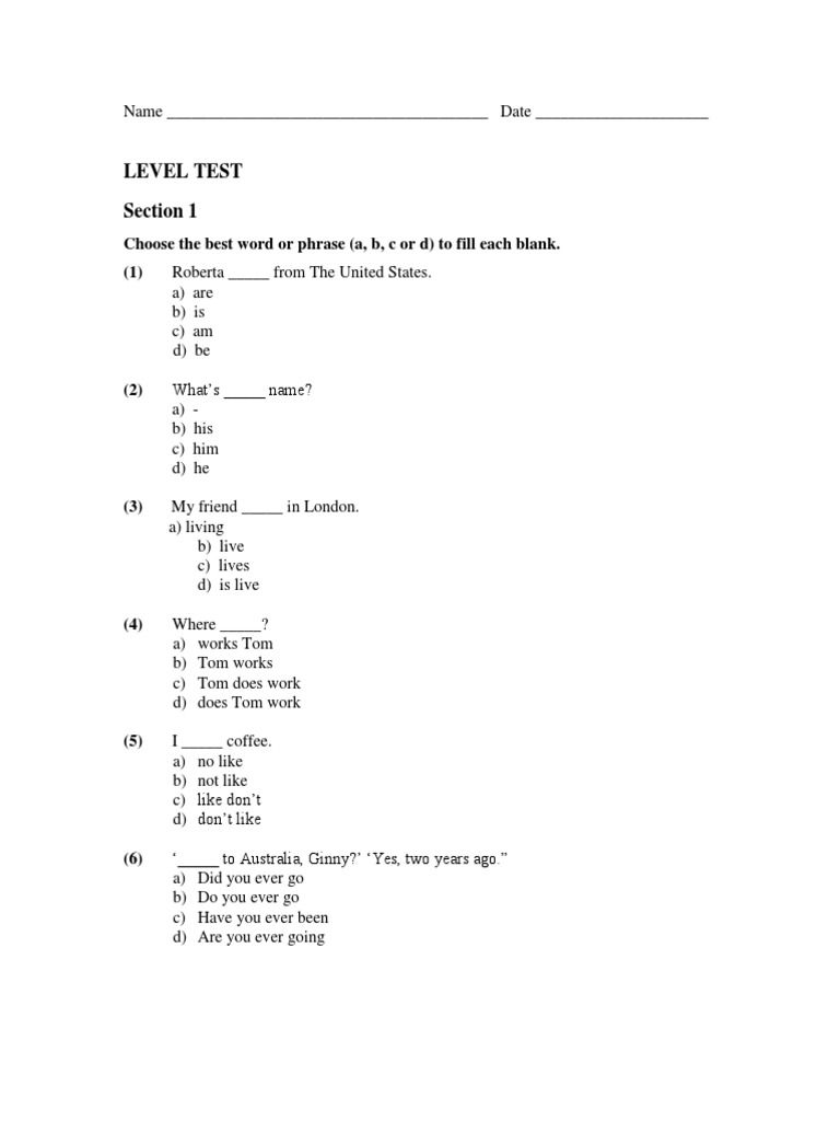 English Level Test Practice Questions | PDF | Tourism | Ellipsis