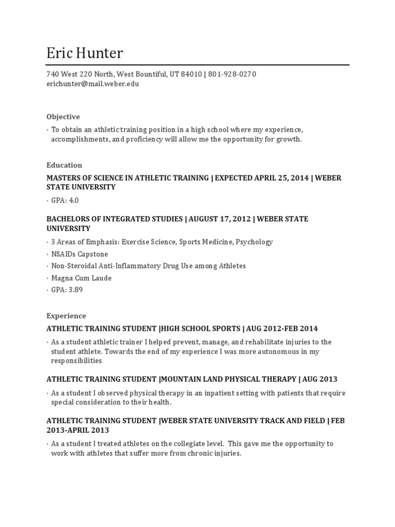 Eric Hunter Resume For at Jobs | PDF | Physical Therapy | Medicine