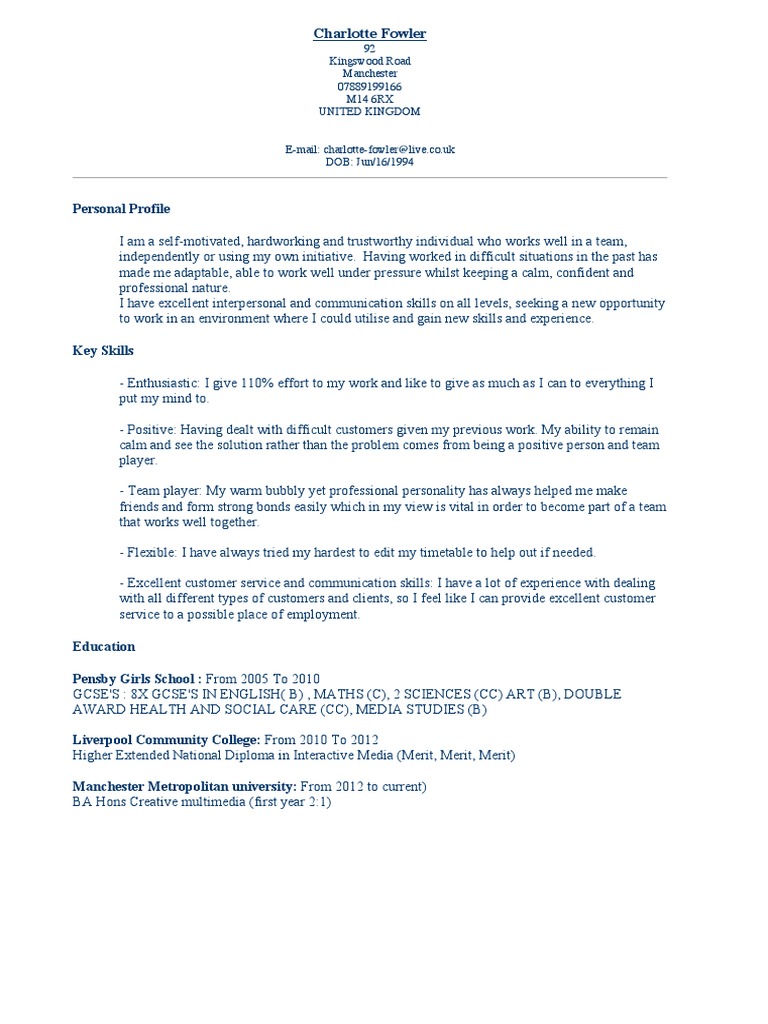 Charlotte Fowler CV | PDF | Further Education