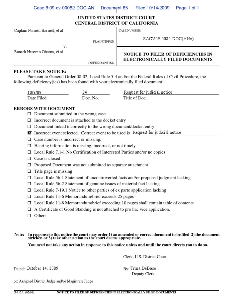 KEYES - BARNETT V OBAMA - 85 - NOTICE TO FILER OF DEFICIENCIES in ...