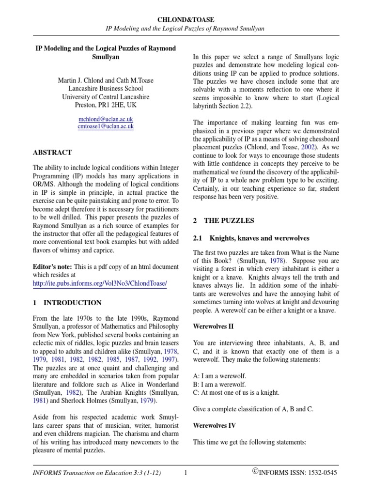 Modelling Logical Puzzles From Raymond Smullyan Using Integer ...