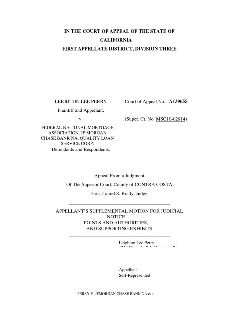 Supplemental Request for Judicial Notice | Mortgage Law | Refinancing