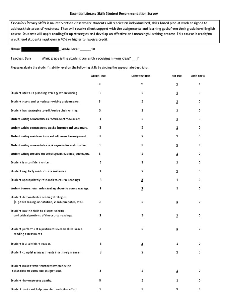 Literacy Skills Student Evaluation Survey | PDF | Business