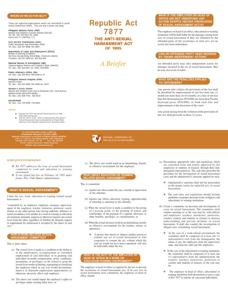Ra 7877 Anti-Sexual Harassment Act Briefer | Sexual Harassment | Harassment