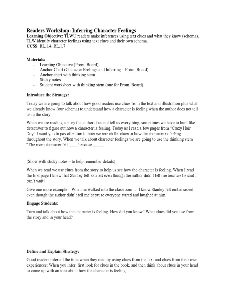 Observation Lesson - Inferring Character Feelings | PDF | Reading ...