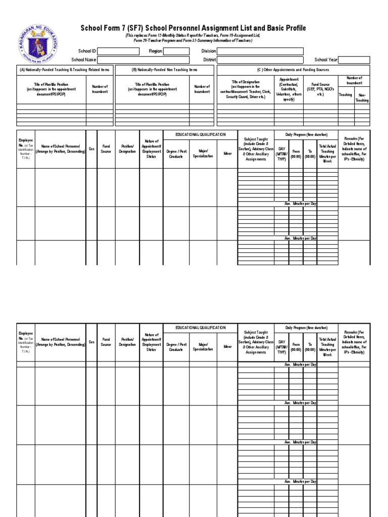SF 7 School Personnel Assignment List and Basic Profile | Download Free ...