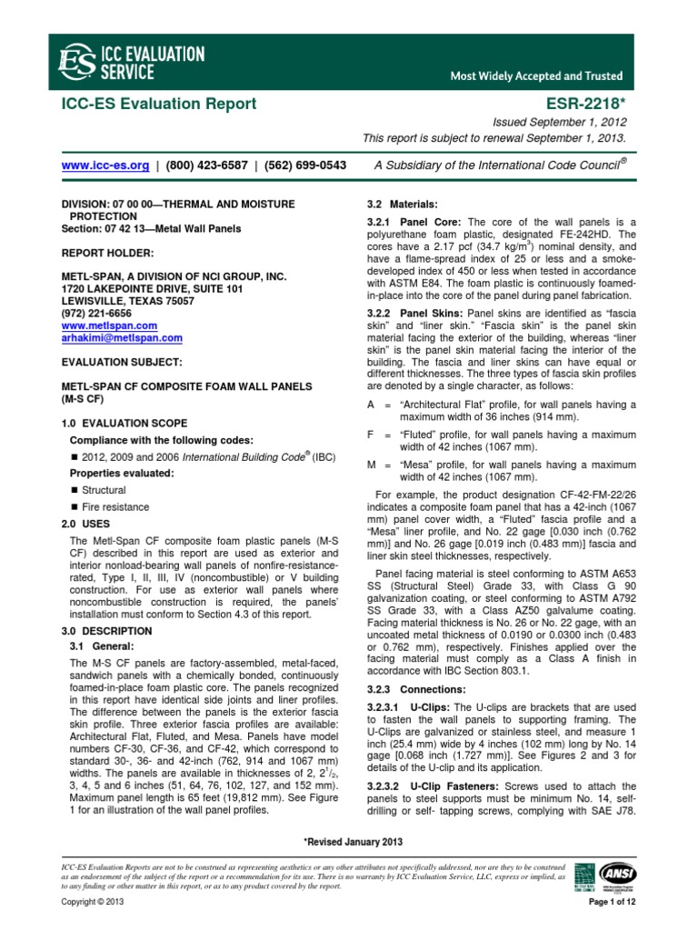 ICC-ES Evaluation Report ESR-2218 | PDF | Wall | Framing (Construction)