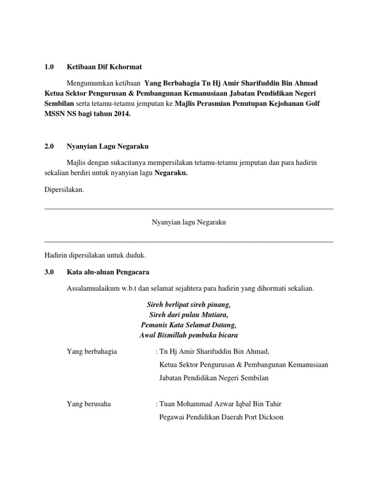Teks MC Majlis Penutupan Kejohanan Golf MSSN Ns | PDF