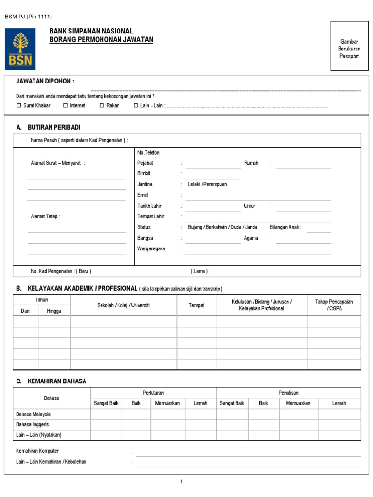 Borang Permohonan Jawatan BSN | PDF