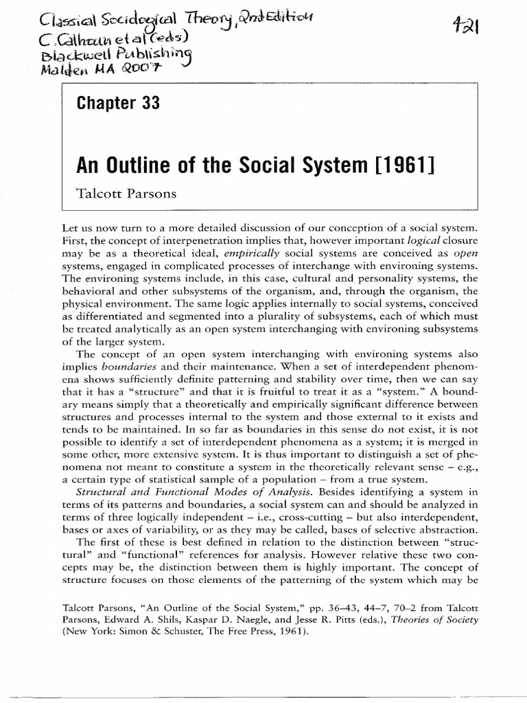 Talcott Parsons - An Outline of The Social System | PDF