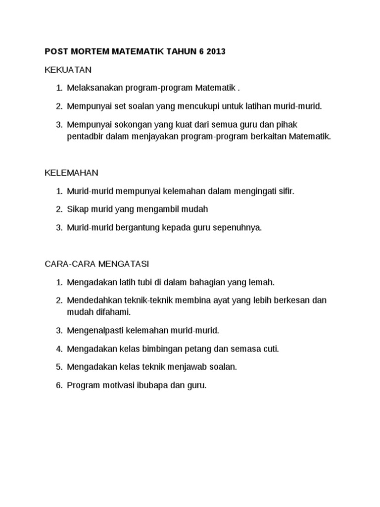 Post Mortem Matematik Tahun 6 | PDF
