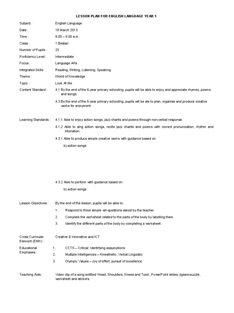 Lesson Plan For English Language Year 1 | PDF