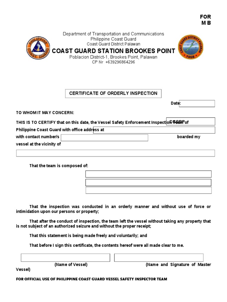 Form B (Certificate of Orderly Inspection) | PDF