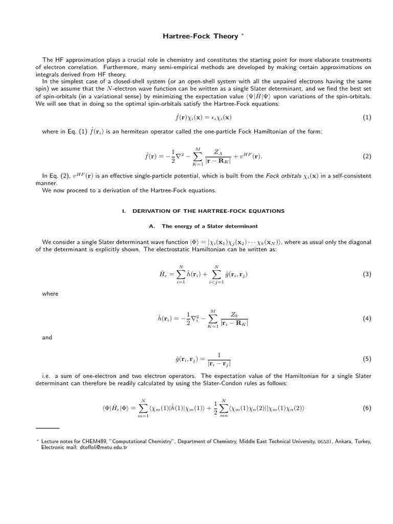 Hartree-Fock Theory: H - Ψi upon variations of the spin-orbitals | PDF ...