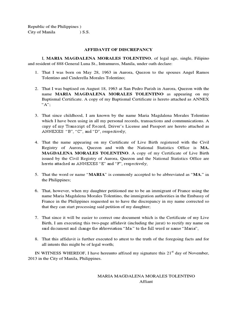 Affidavit of Discrepancy | Affidavit | Document