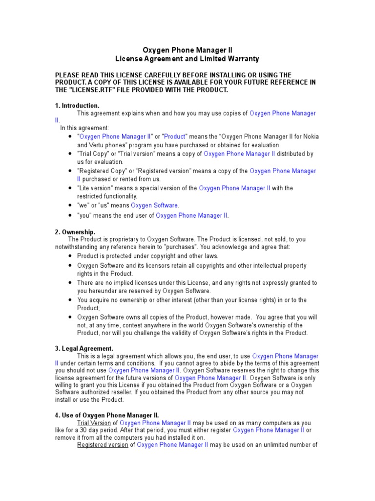Oxygen Phone Manager II License Agreement and Limited Warranty | PDF ...