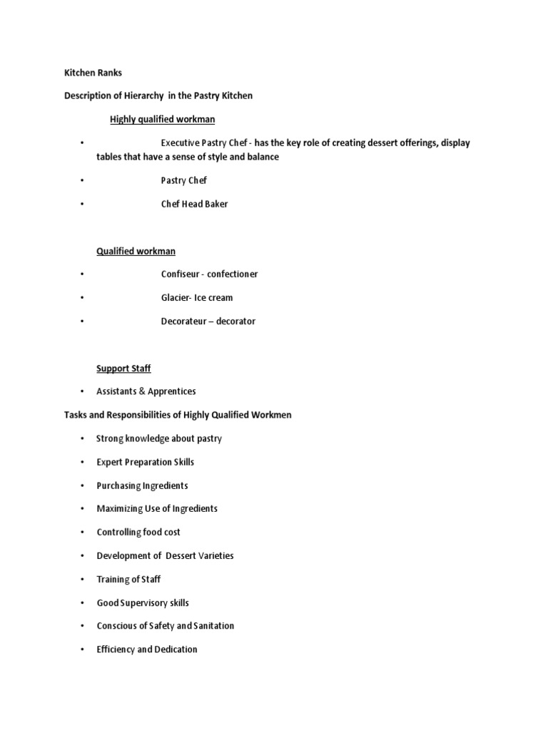 Kitchen Ranks Description of Hierarchy in The Pastry Kitchen Highly ...