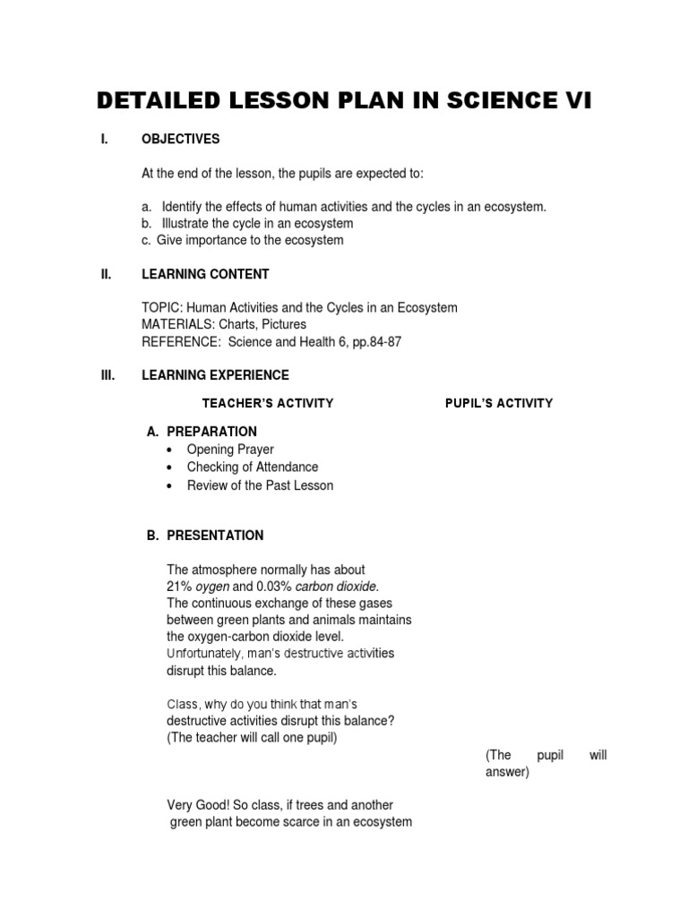 Detailed Lesson Plan in Science Vi | PDF | Human Impact On The ...