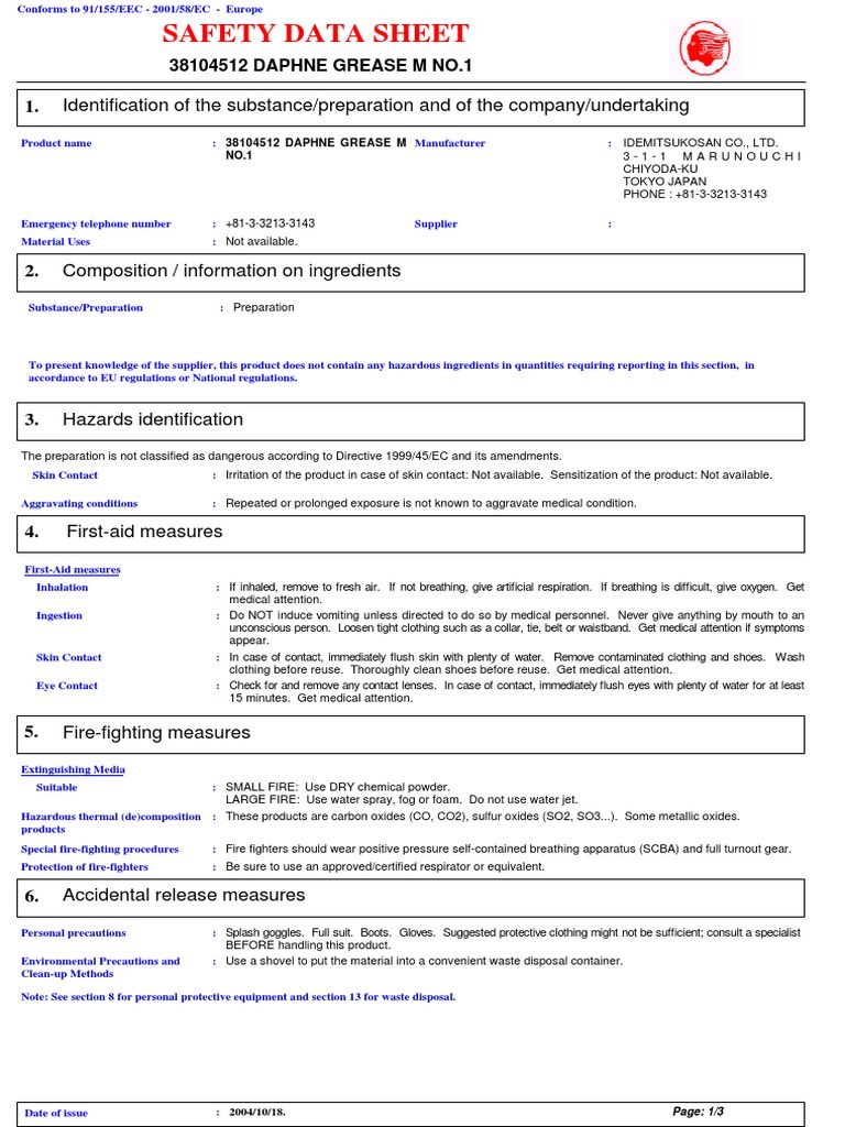 Idemitsu Daphne Grease M No.1 | PDF | Personal Protective Equipment ...