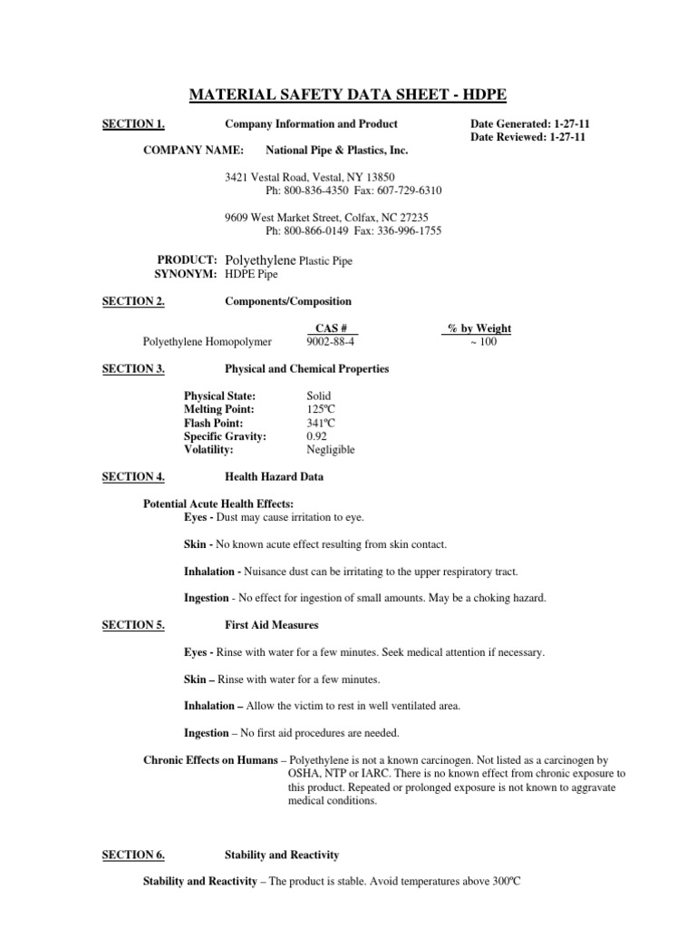 Hdpe MSDS | PDF | Dangerous Goods | Polyethylene