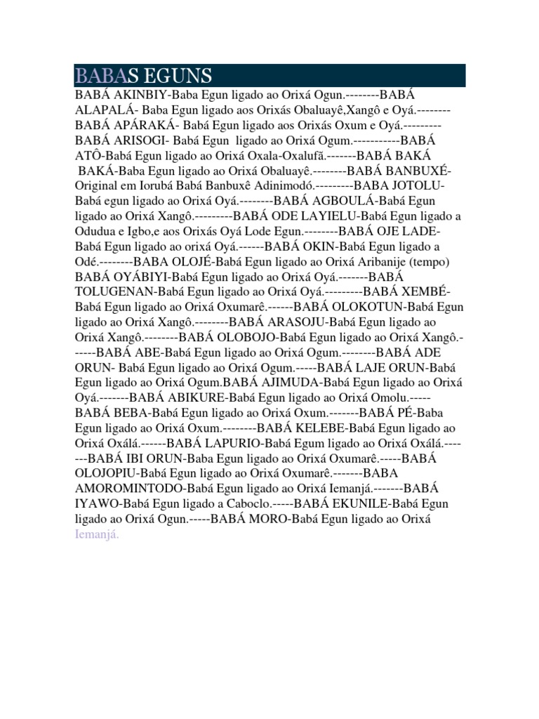Lista de Babás Egun e seus respectivos Orixás associados | PDF