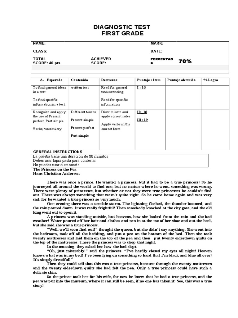 Diagnostic Test First Grade: Name: Mark: Class: Date: Total SCORE: 40 ...