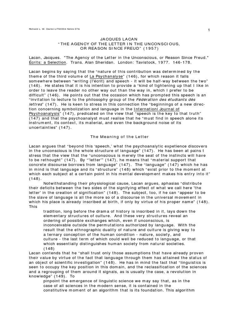 Lacan's Letter and the Unconscious | PDF | Psychoanalysis | Jacques Lacan