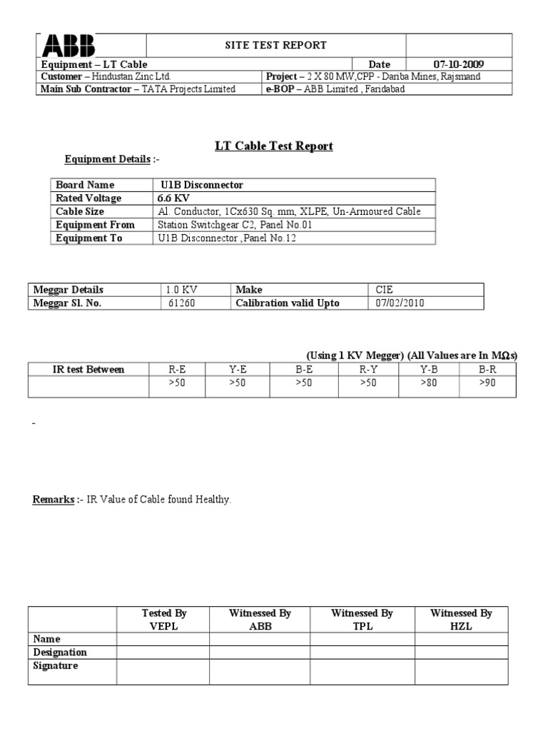 LT Cable Test Report for Hindustan Zinc | PDF