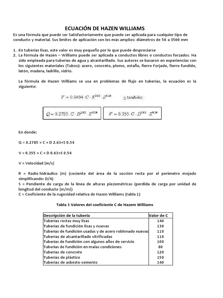 ECUACIÓN DE HAZEN WILLIAMS