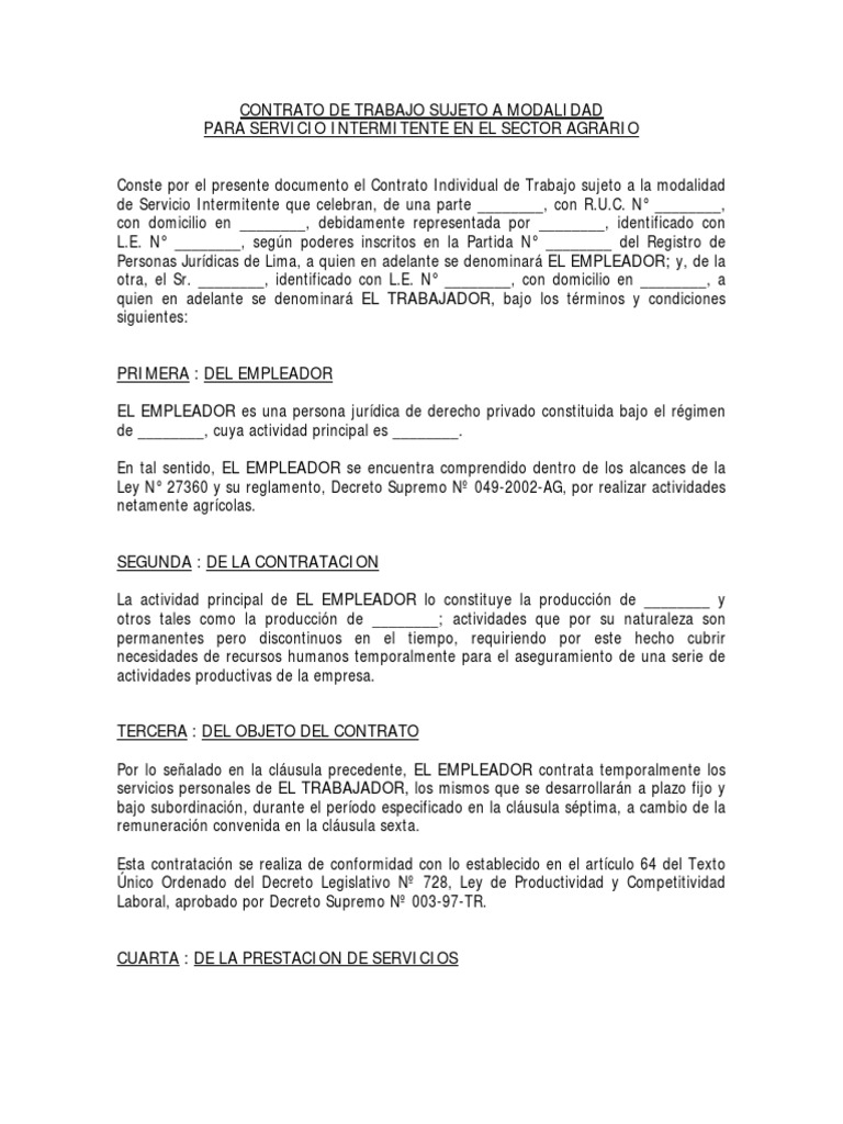 Ejemplo de CONTRATO Laboral Intermitente - Sector Agrario | PDF | Derecho laboral | Salario