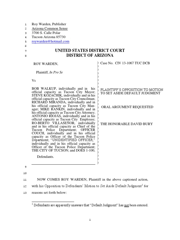 WARDEN'S OPPOSITION TO TUCSON MOTION TO SET ASIDE DEFAULT JUDGMENT | Default Judgment | Pleading