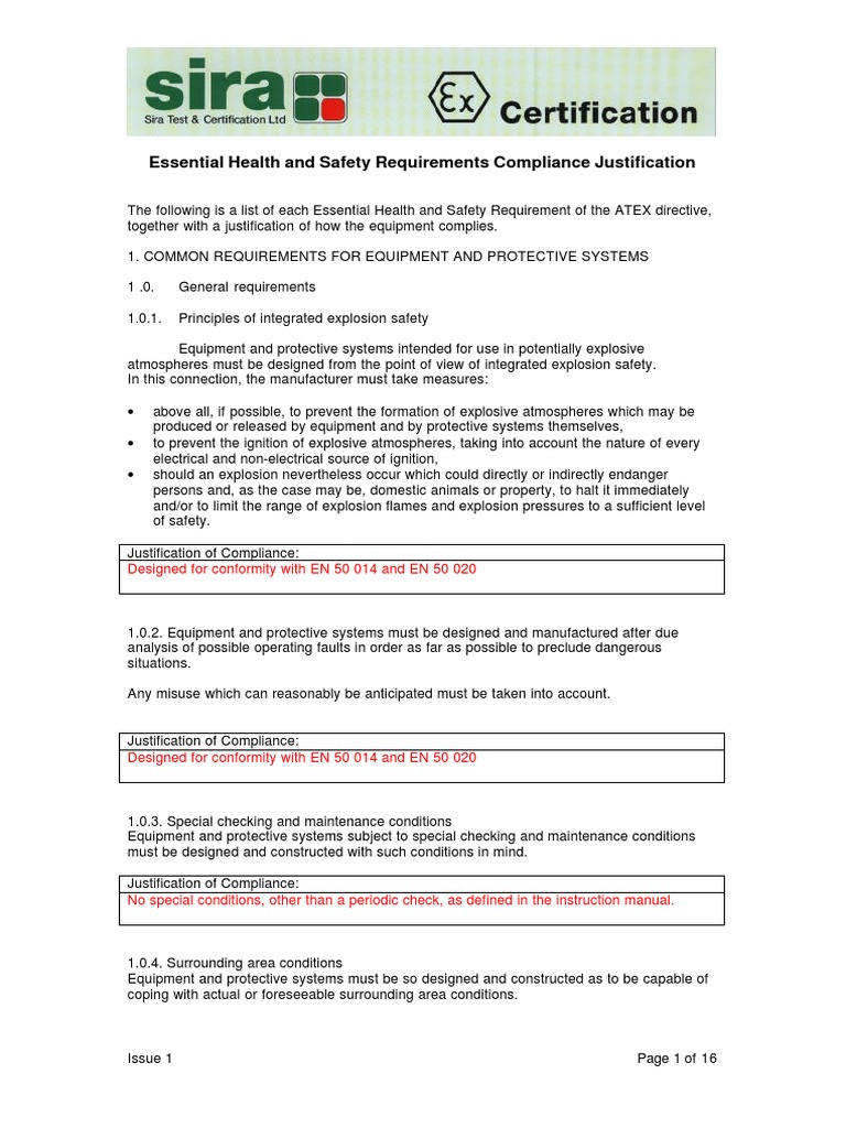 Example of ATEX EHSR Justification | Explosion | Safety