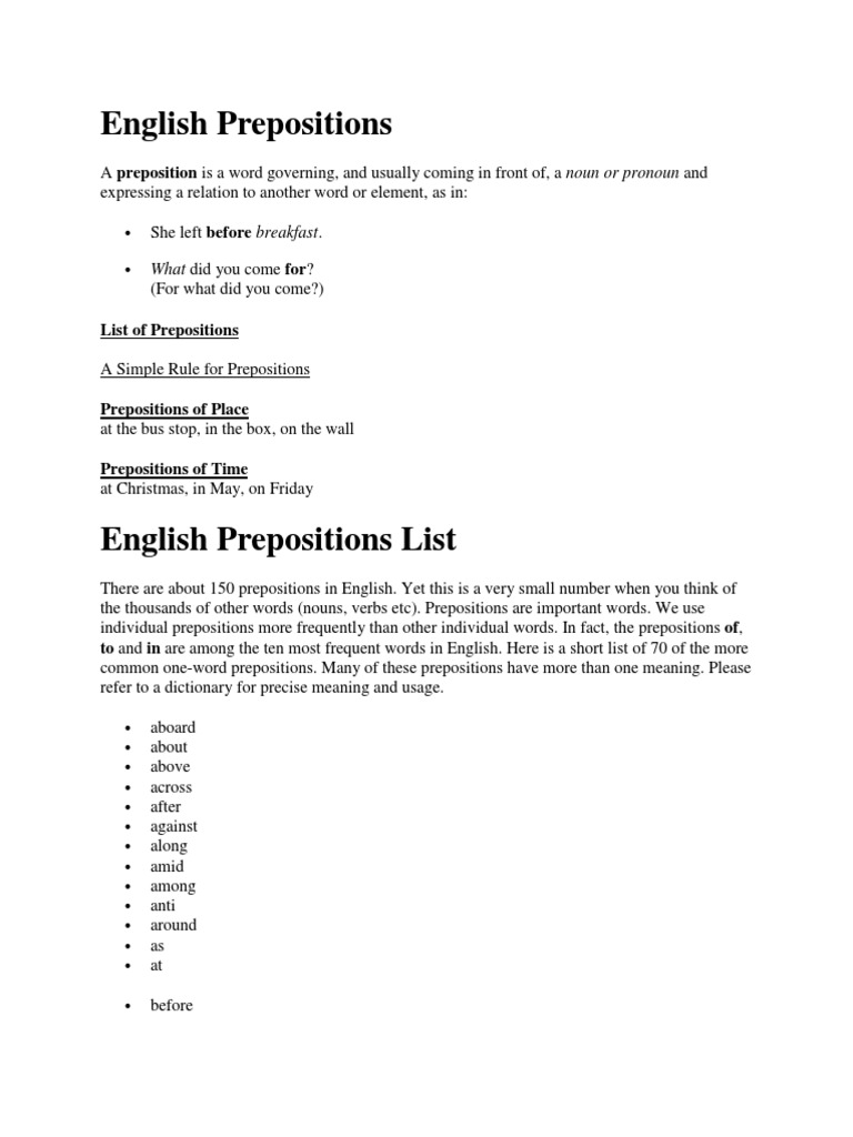English Prepositions | PDF | Preposition And Postposition | English ...
