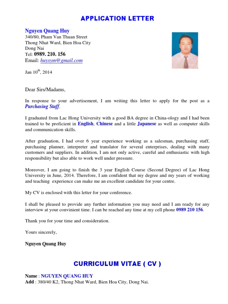 Nguyen Quang Huy - Application Letter & CV | PDF | Language Interpretation | Business