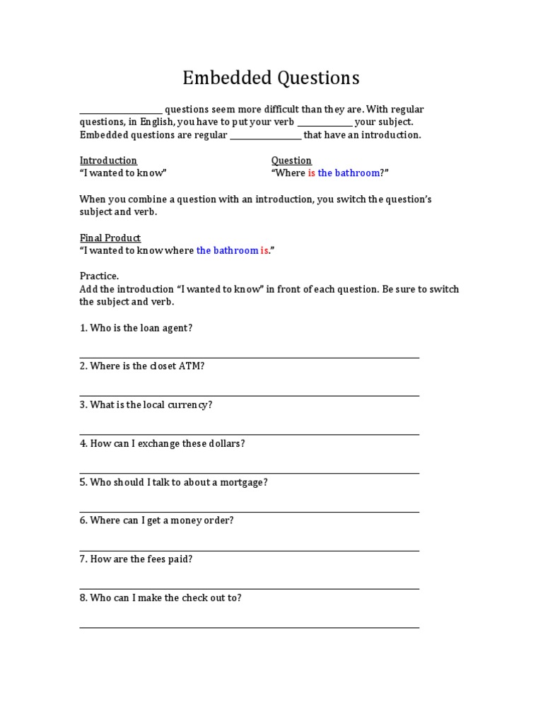 Open Embedded Questions Worksheet | PDF