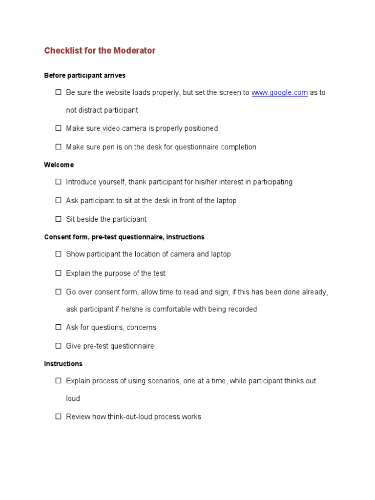 Checklist For The Moderator: Before Participant Arrives | PDF ...