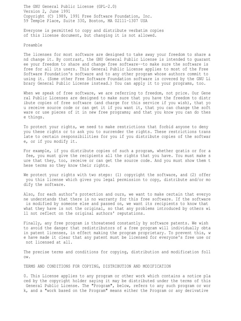 GNU General Public License, Version 2.0 (GPLv2) | PDF | License | Free ...