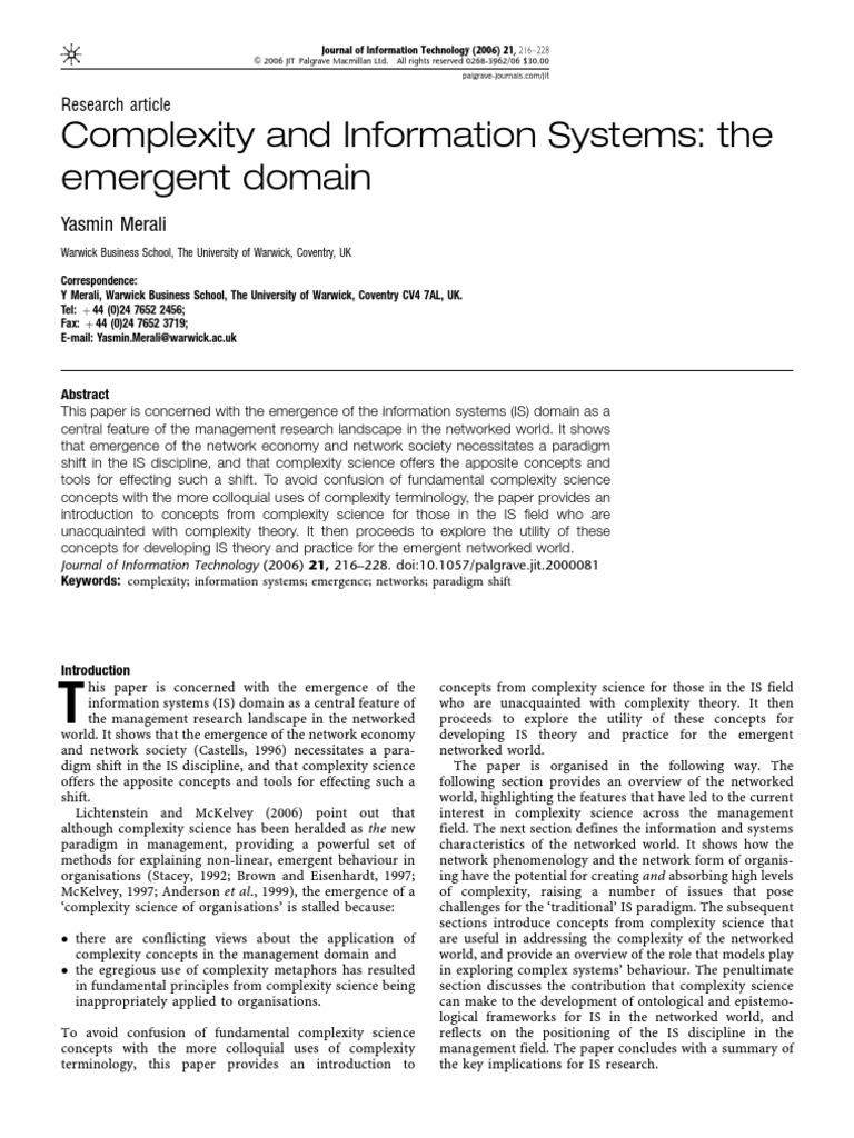 Complexity and Information Systems: The Emergent Domain: Yasmin Merali ...