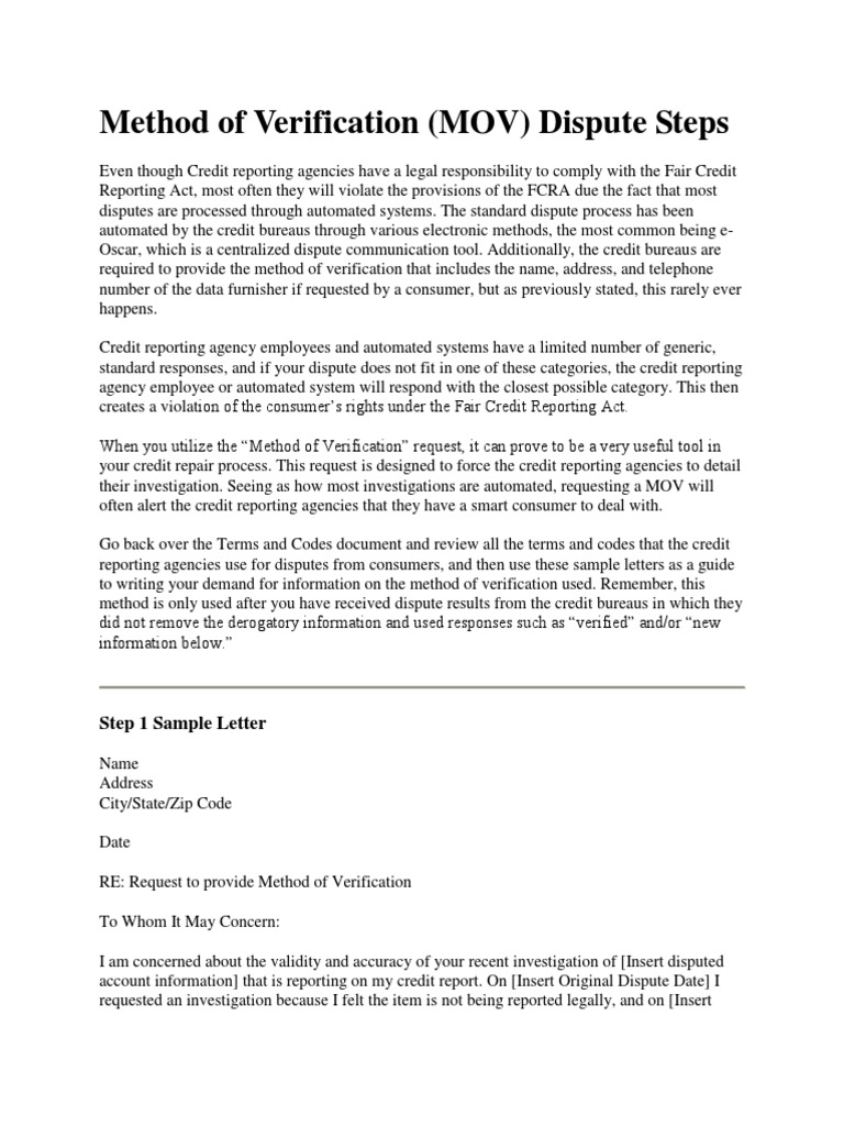 Method of Verification BEST LETTERS to USE | Credit Bureau | Federal ...